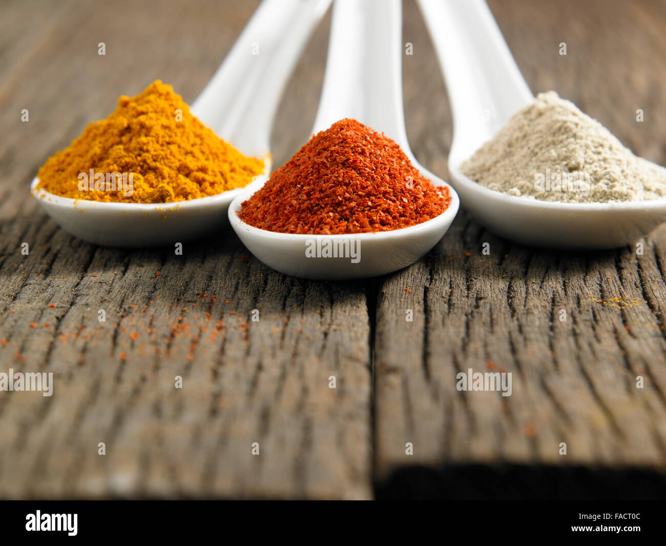 Turmeric ,white pepper and chili powder in spoon Stock Photo - Alamy