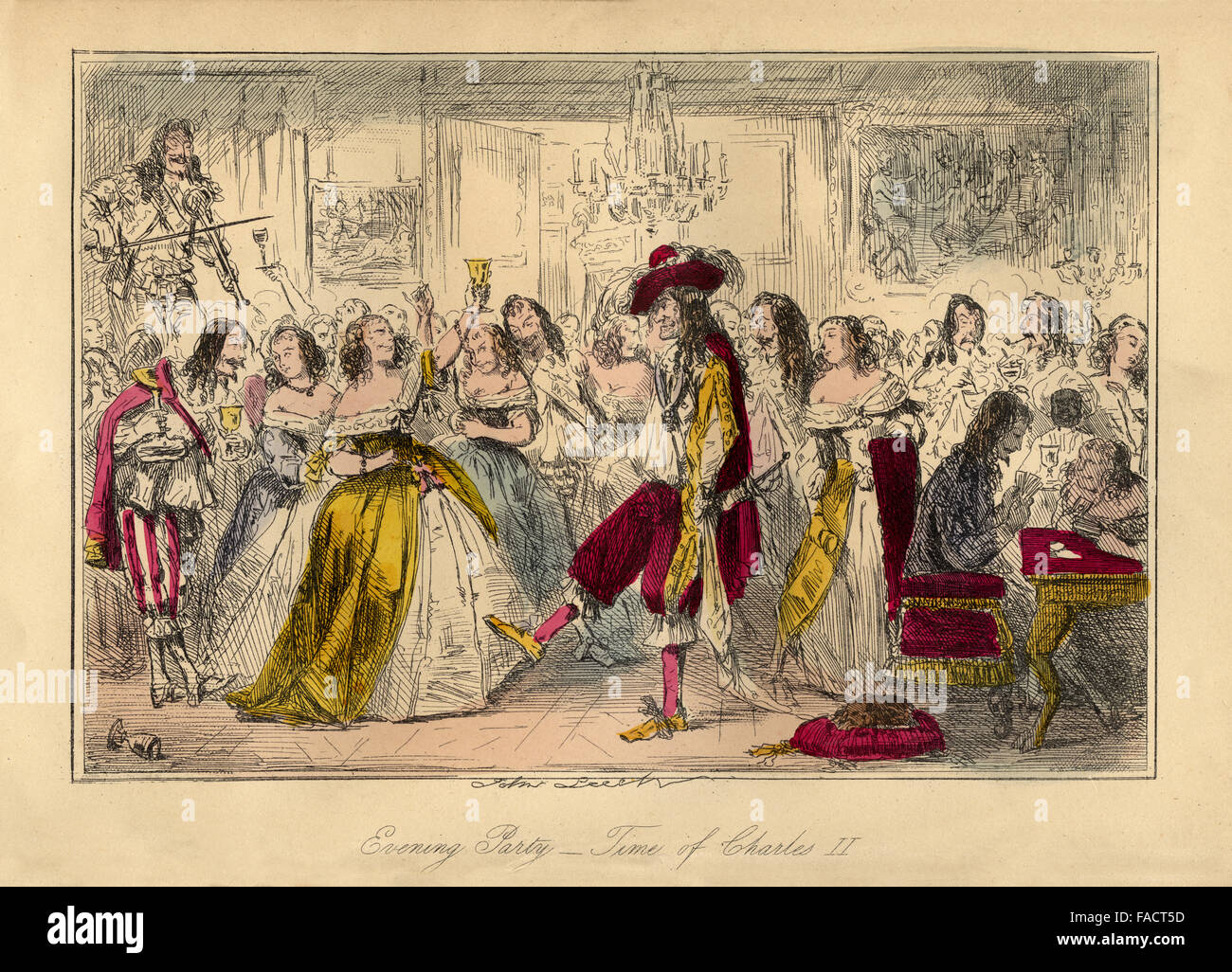 Hand coloured comic Illustration from 1846 depicting an evening Party ...