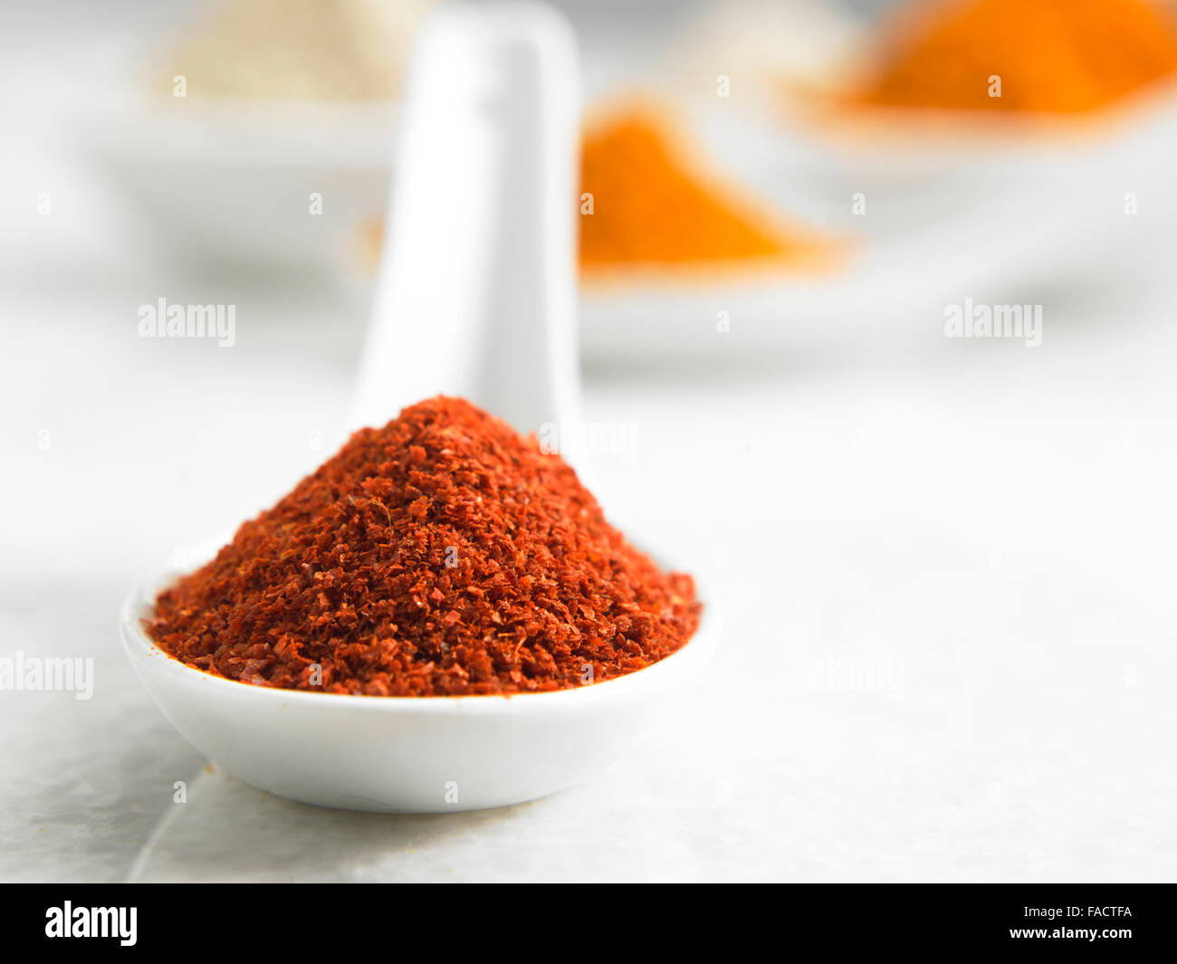 Turmeric ,white pepper and chili powder in spoon Stock Photo - Alamy