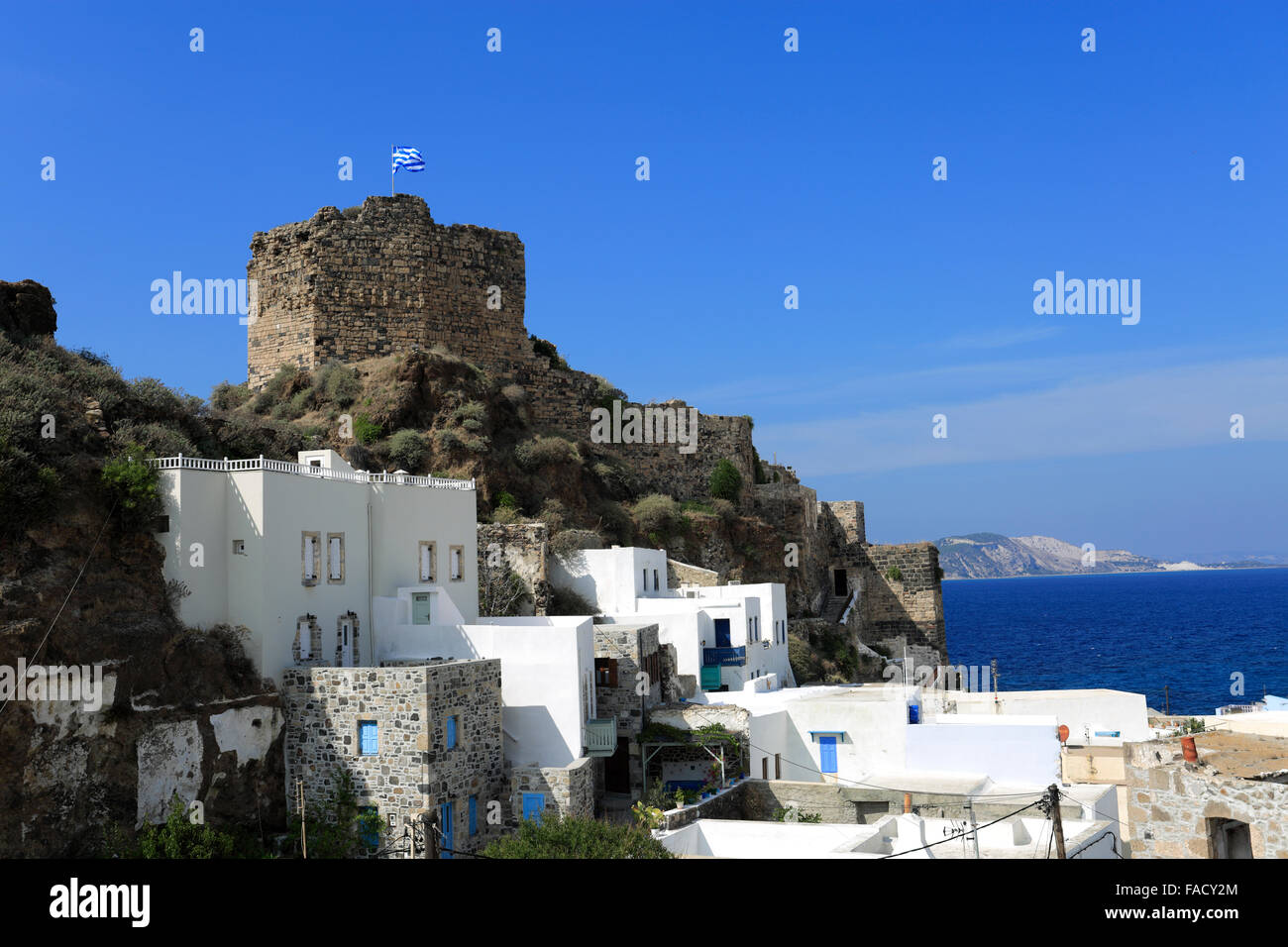 Summer, Mandraki Castle, Mandraki town, the capital of Nisyros volcanic ...