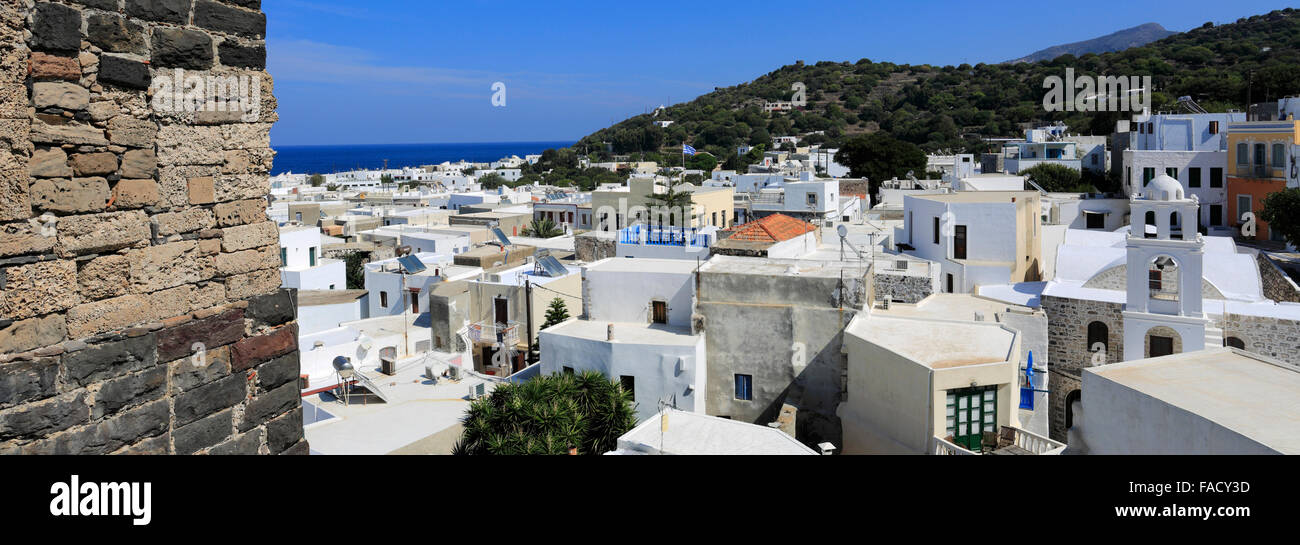 Summer view over Mandraki town, the capital of Nisyros volcanic island ...