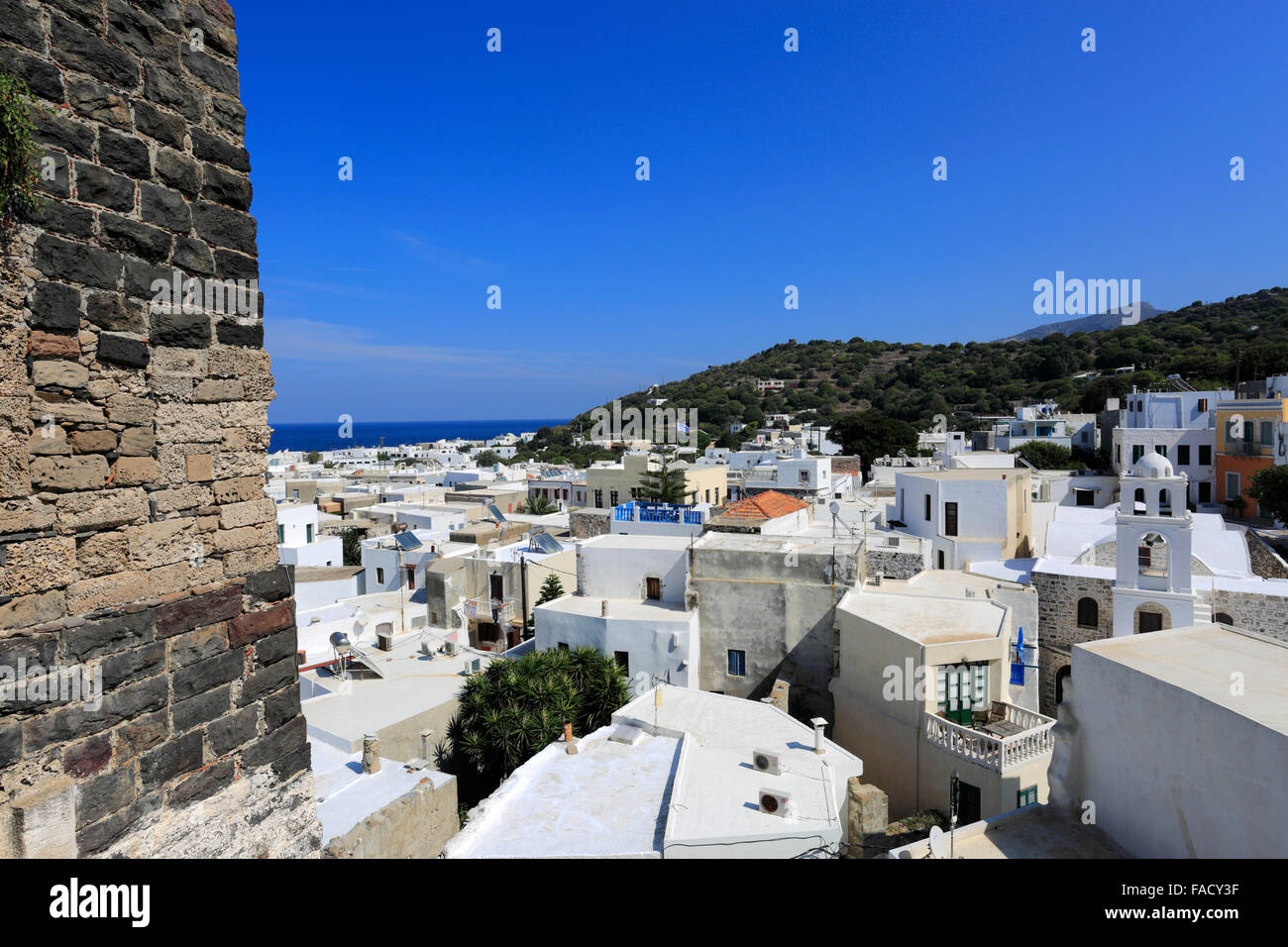 Summer view over Mandraki town, the capital of Nisyros volcanic island ...