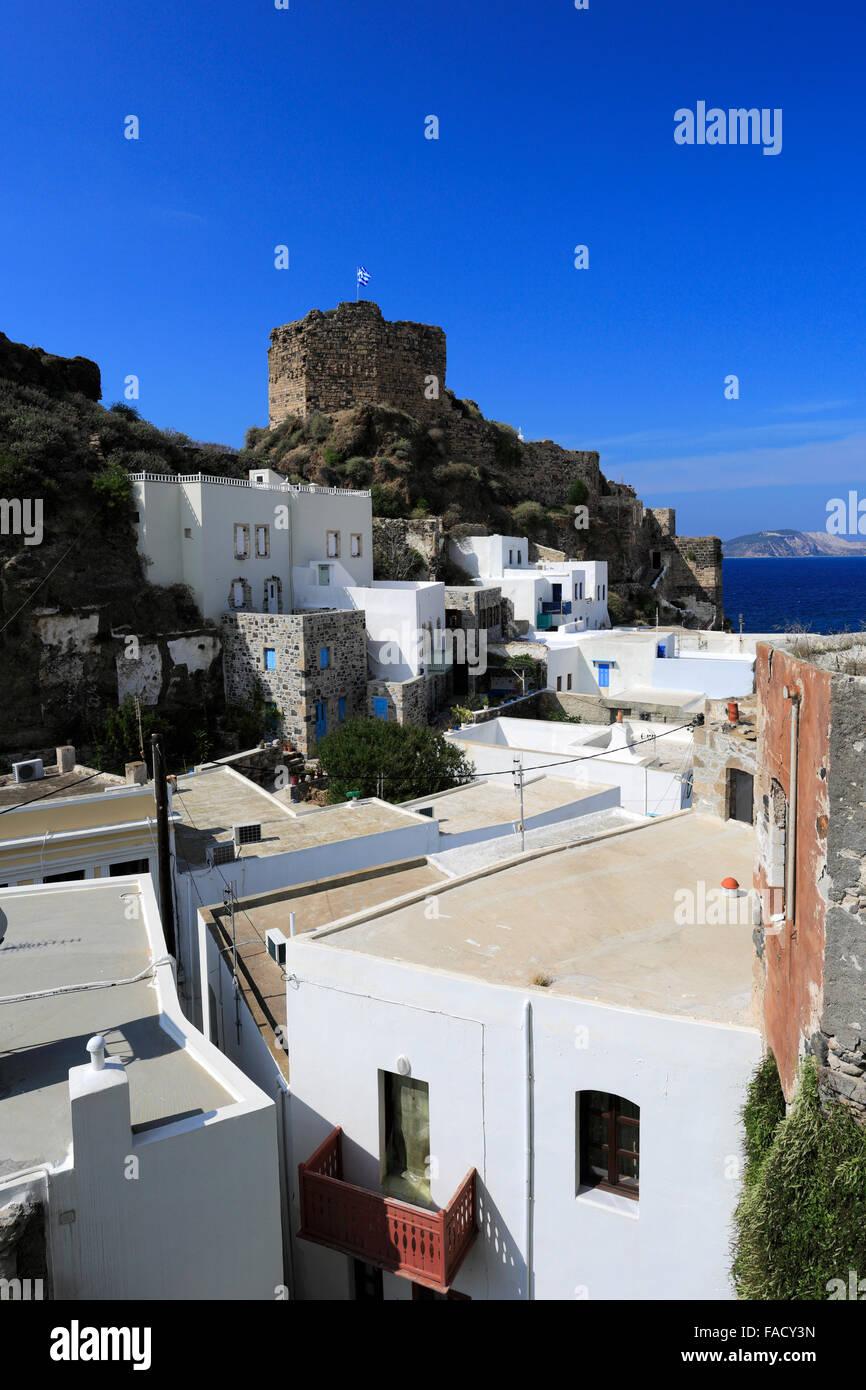 Summer, Mandraki Castle, Mandraki town, the capital of Nisyros volcanic ...