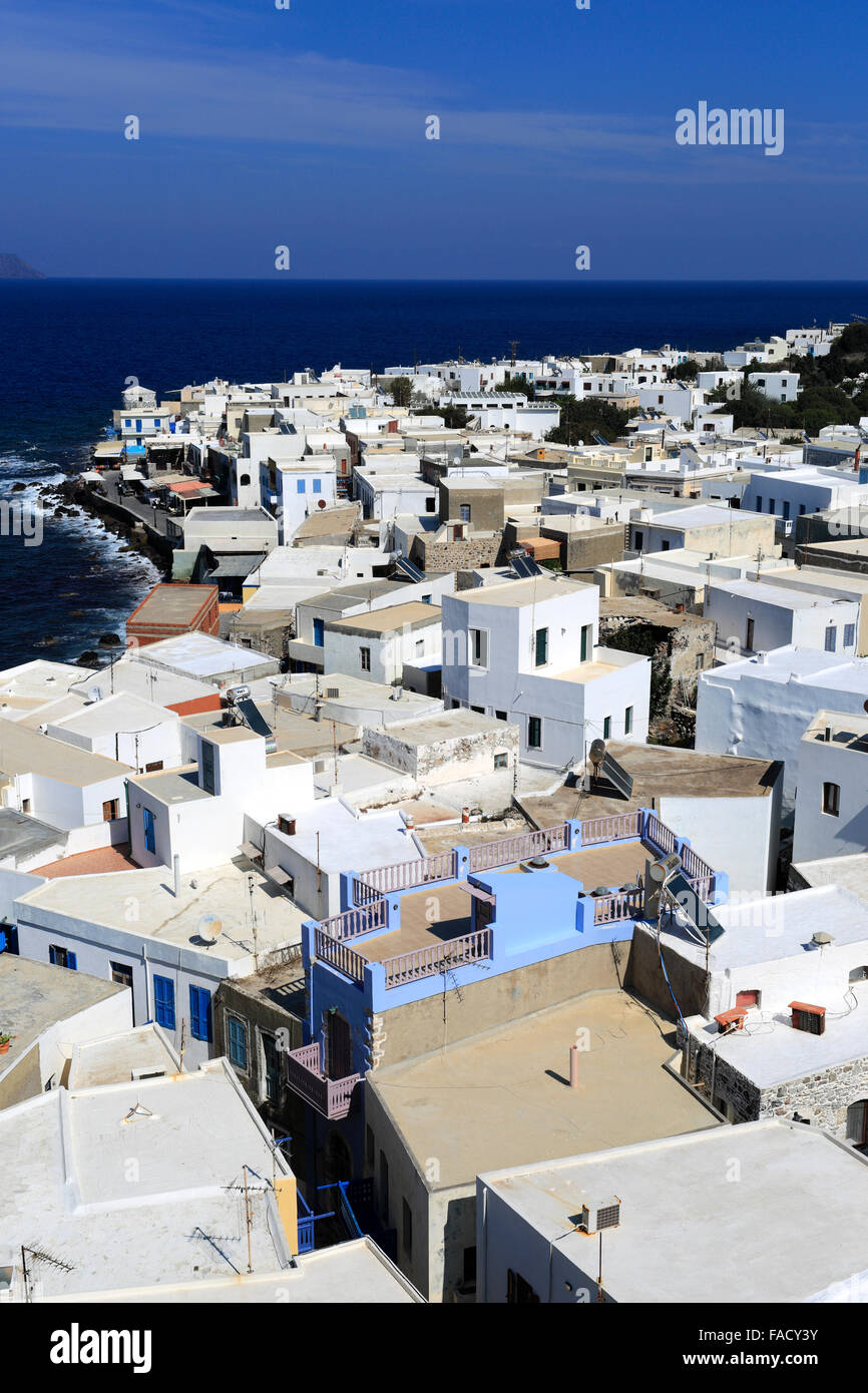 Summer view over Mandraki town, the capital of Nisyros volcanic island ...