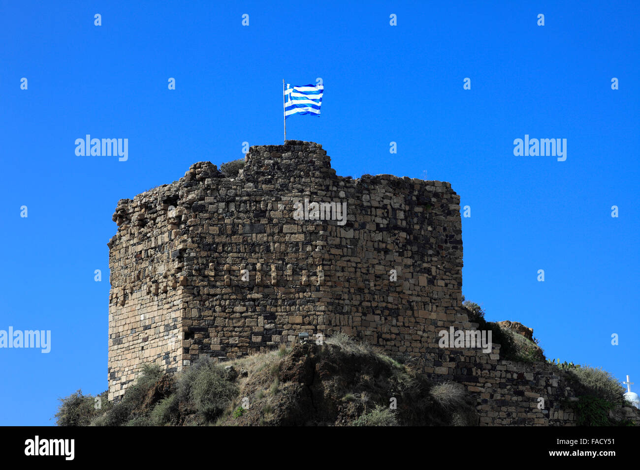 Summer, Mandraki Castle, Mandraki town, the capital of Nisyros volcanic ...