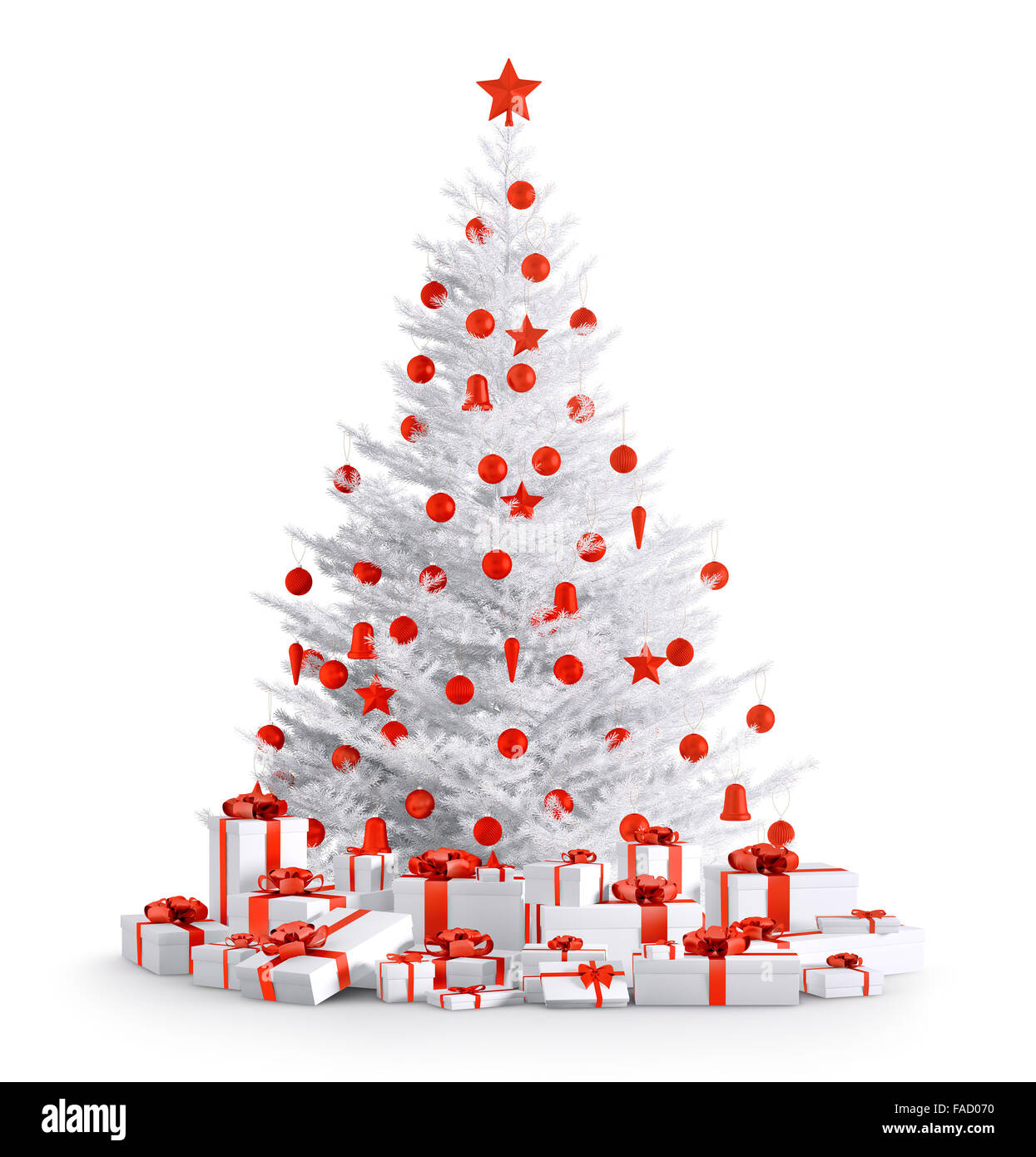 White christmas tree with red baubles, gifts isolated over white 3d ...