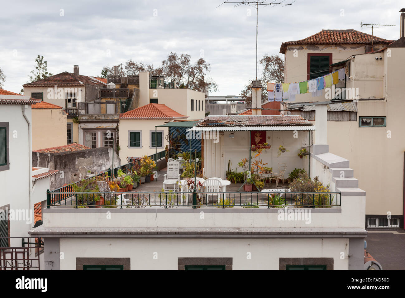 Roof terrace of a house in the city center. Funchal, Madeira Stock ...