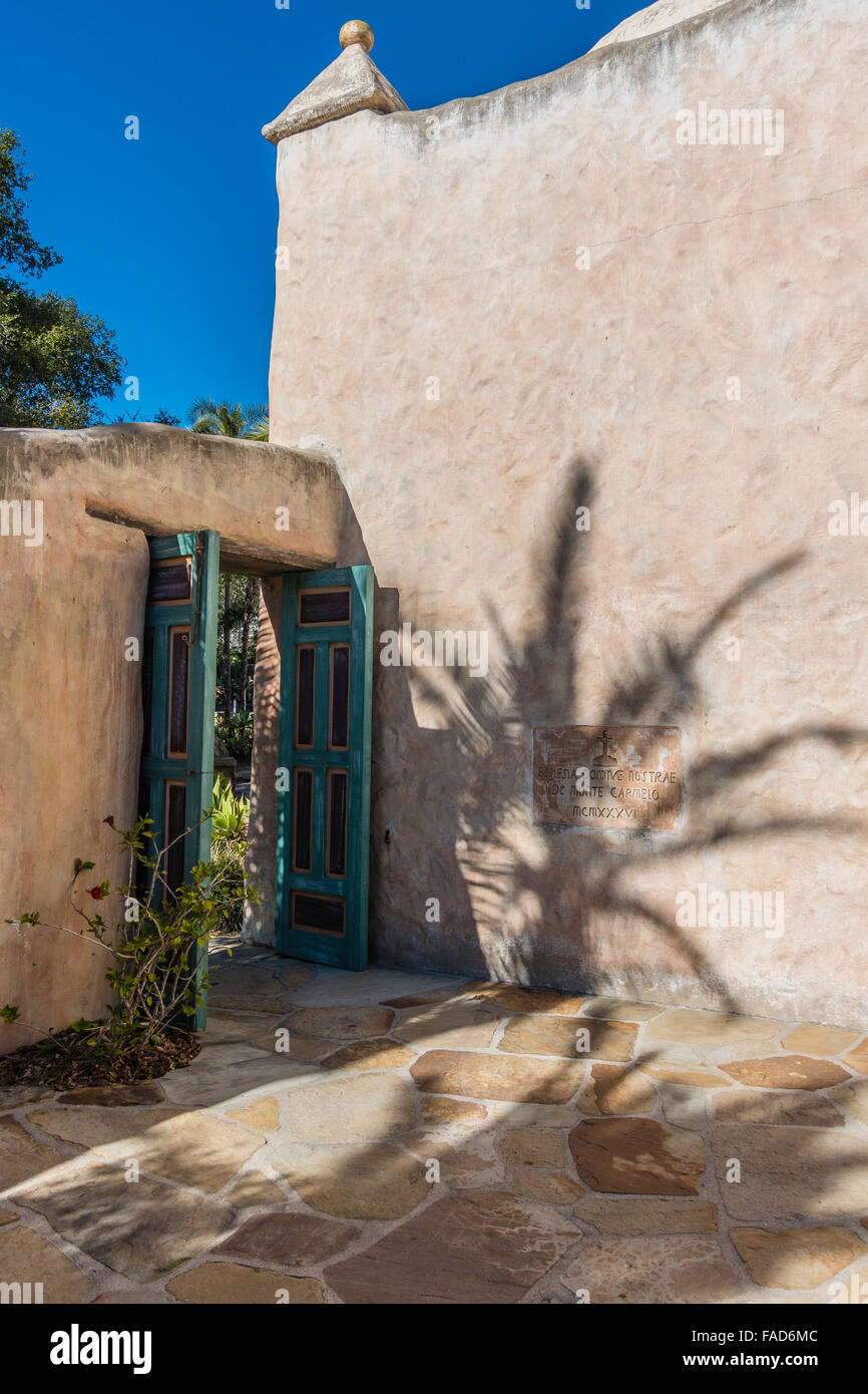 Exterior detail of painted doorway leading to a patio at Our Lady of Mt ...