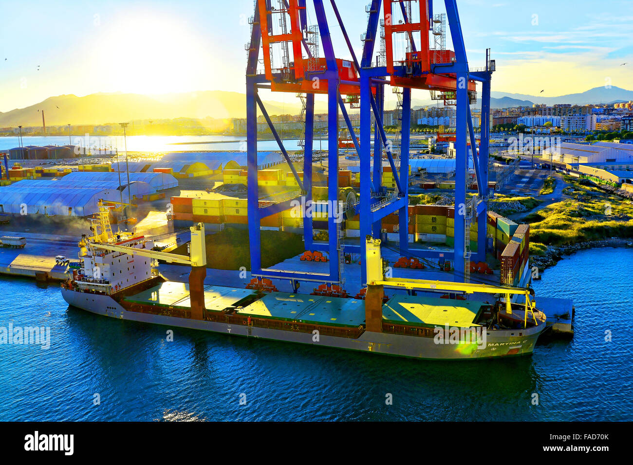 Malaga Spain industrial harbour container dock cranes Martina C Stock ...