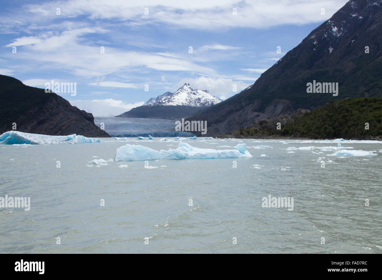 Grey Glacier calving icebergs into Grey Lake in Torres del Paine ...