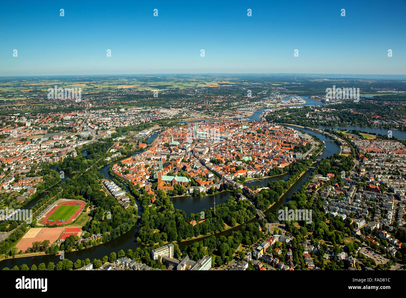 Aerial view, old town of Lübeck with Trave and Obertrave, Lübeck ...