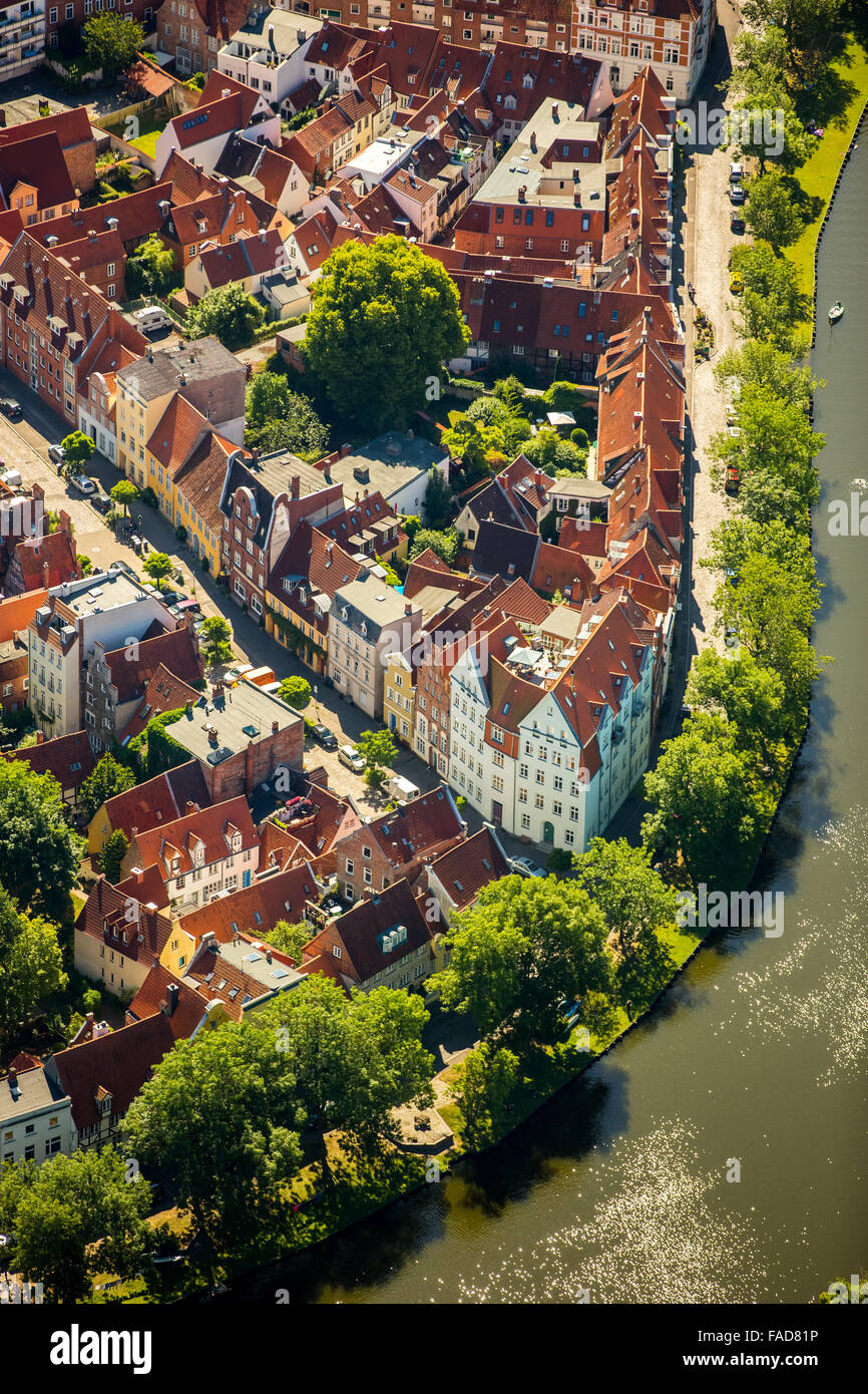 Aerial view, center of Lübeck on the River Trave, Lubeck, Luebeck Bay ...