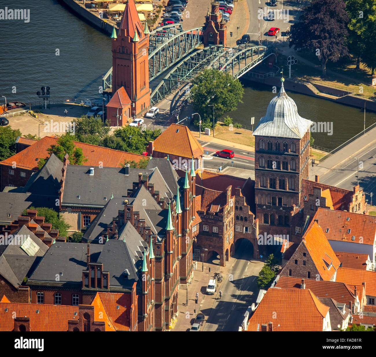 Aerial view, center of Lübeck, Burgtor at the Great Castle Street ...