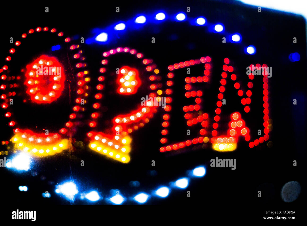 Neon shop open store sign at night in street photo Stock Photo - Alamy