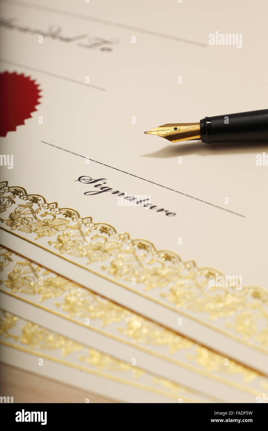 close up of the pen and certificate Stock Photo - Alamy