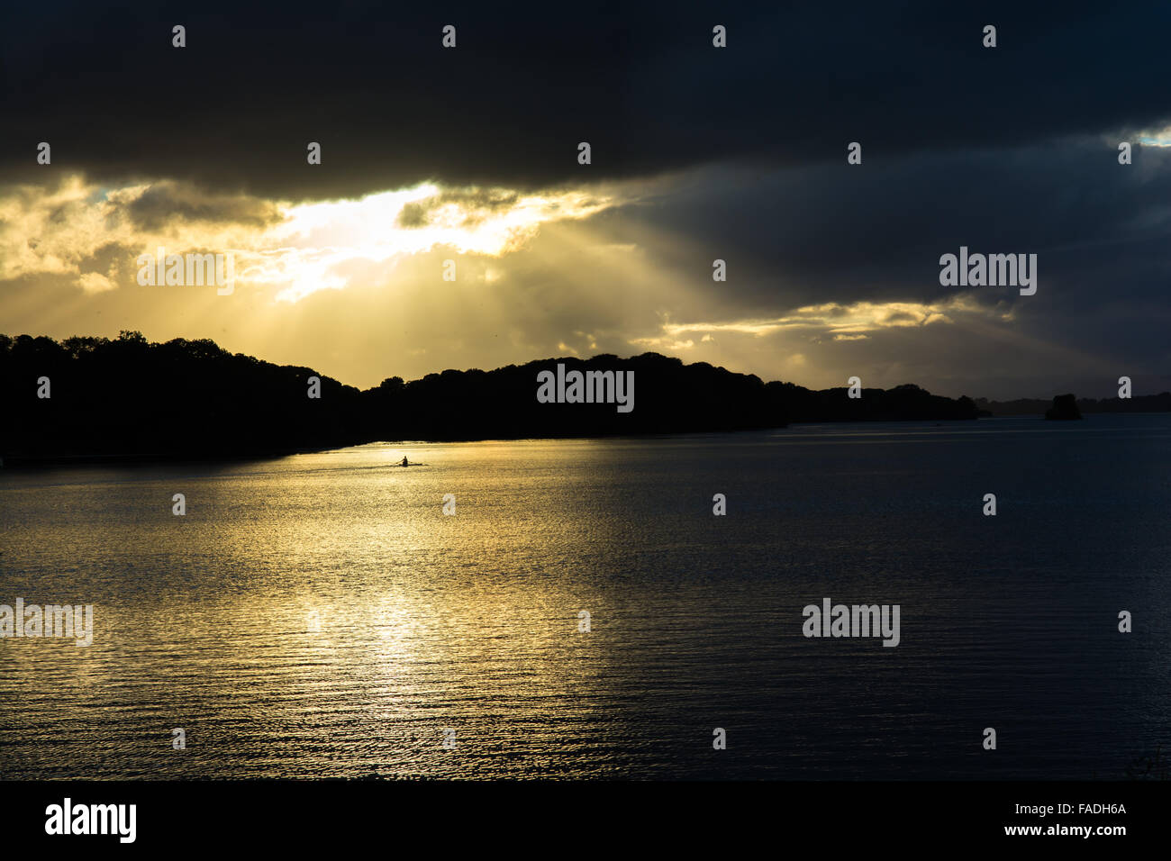Sunset on Lake with Single Sculls Rowing Boat Stock Photo - Alamy