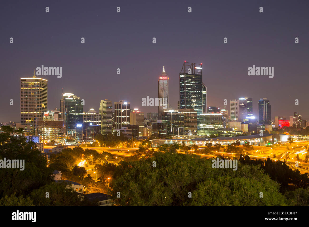 Summer twilight over the city of Perth, Western Australia. The Swann ...