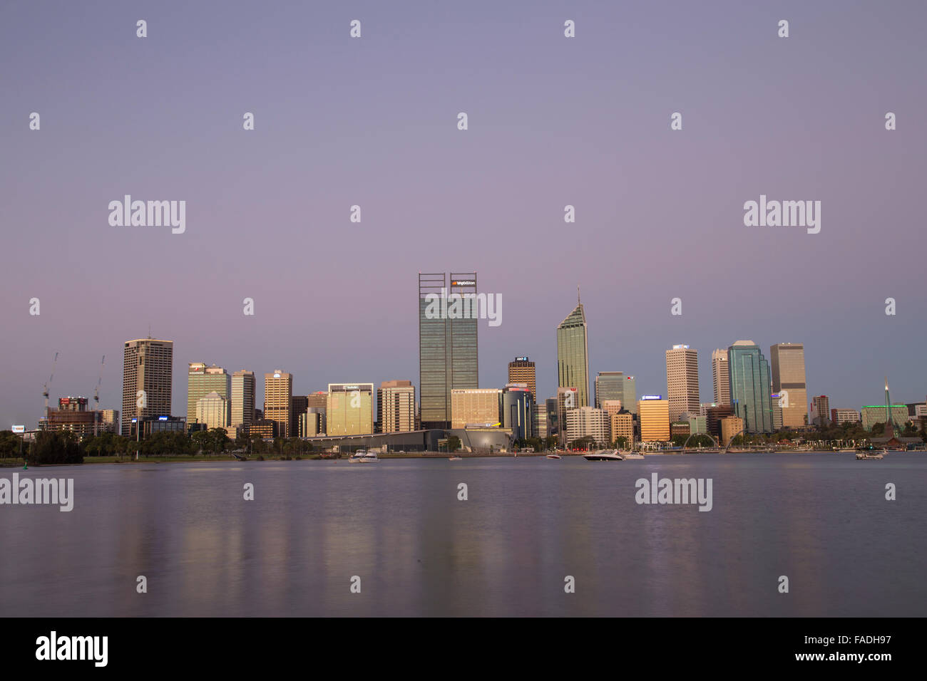 A summer sunset over the city of Perth, Western Australia. The Swann ...