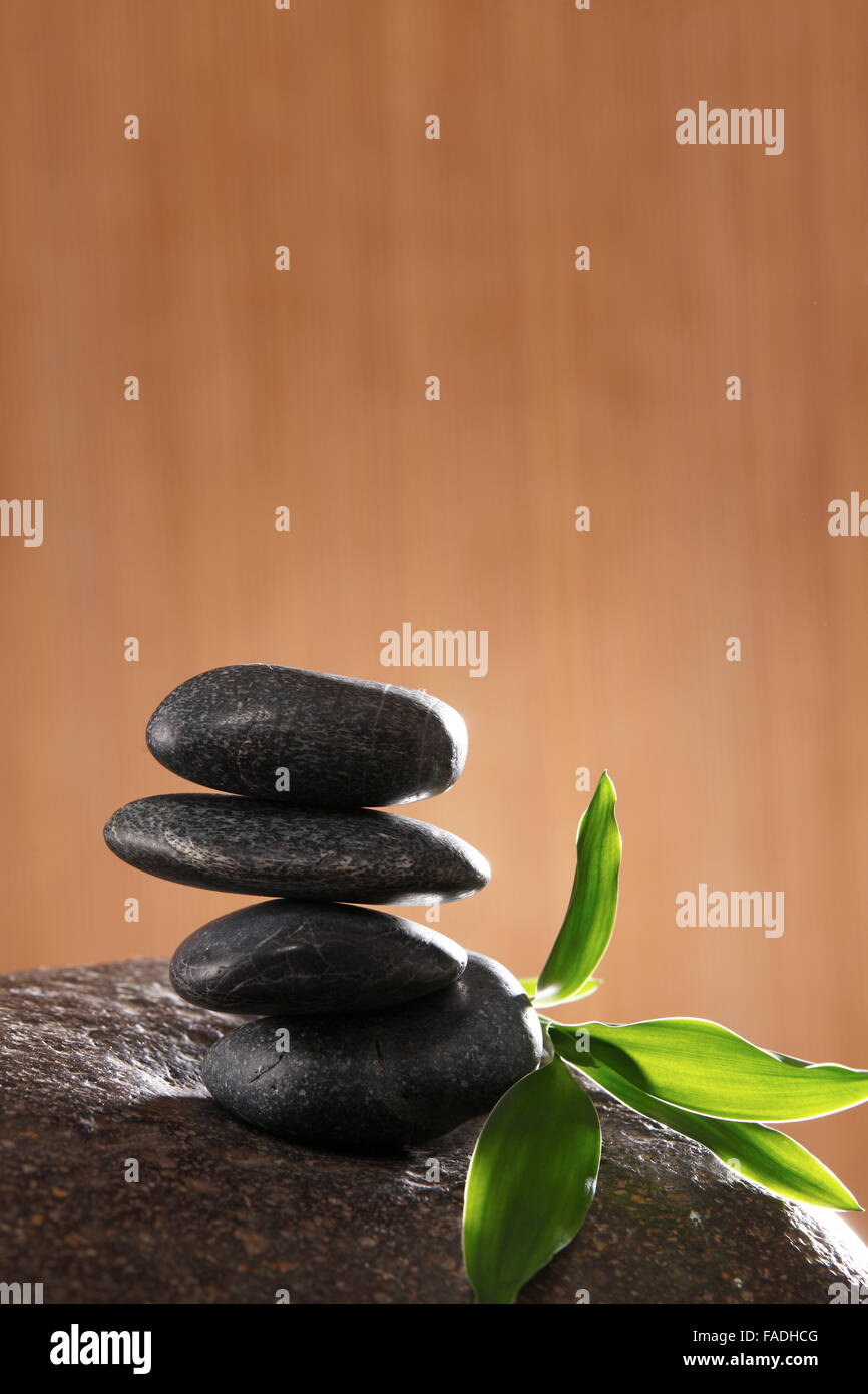 stack of the stone and bamboo leaf Stock Photo - Alamy