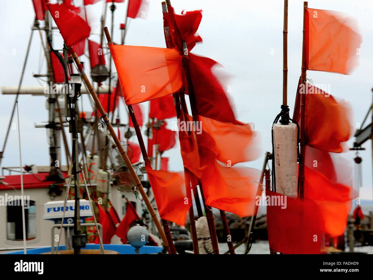 Red marker flags for bottom-set nets on a fishing boat at the harbour ...