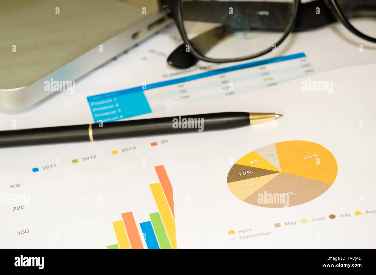 Graphs and charts, business table. The workplace of business people ...