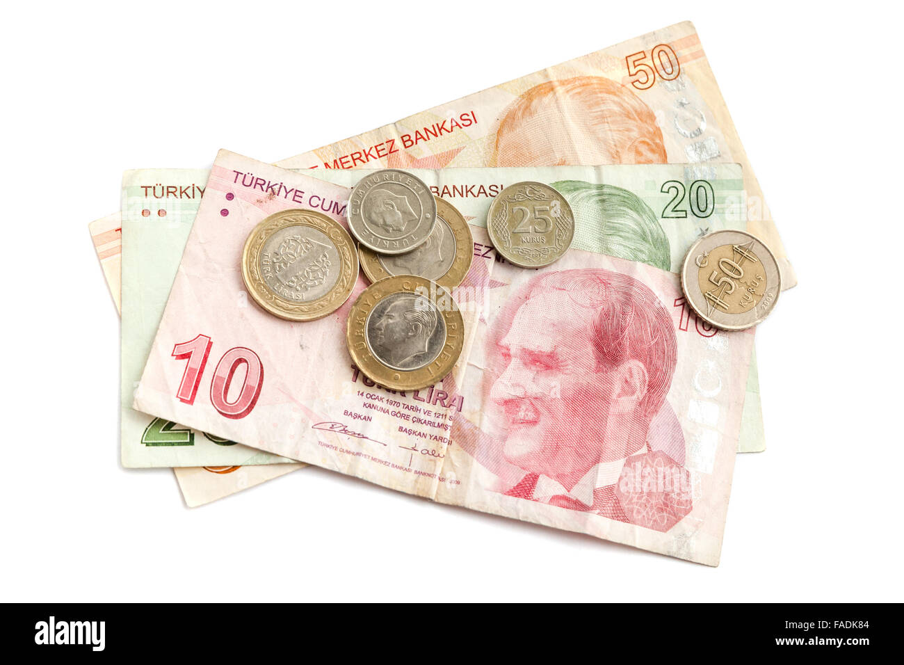 Turkish national money isolated on white background, banknotes and ...