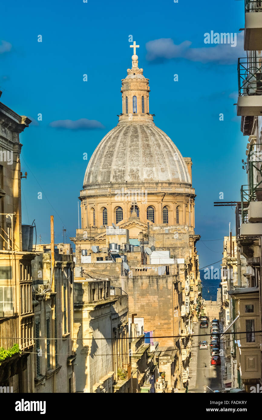 Valetta streets. View of a church dome from the treests of Valetta ...