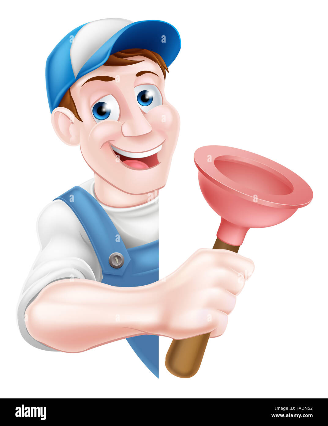 A cartoon plumber man in a cap hat and blue overalls holding a plunger ...