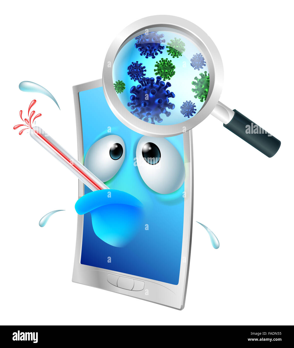 A sick ill sweating mobile phone, concept for phone repair or a virus ...