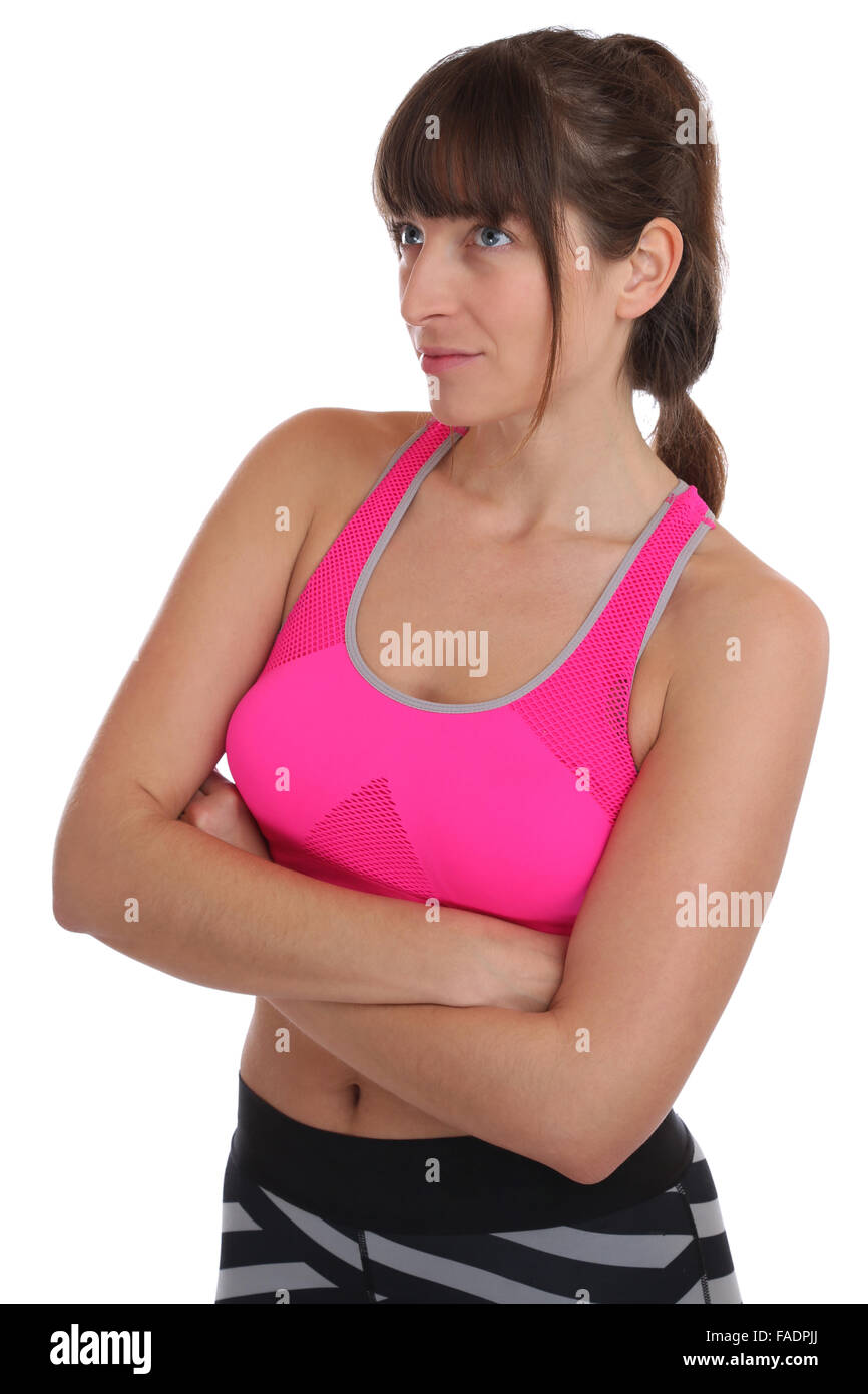 Woman fitness workout sports training looking up isolated on a white ...