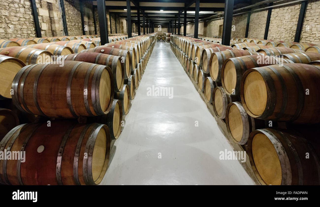 Rows with many barrels in winery factory Stock Photo - Alamy