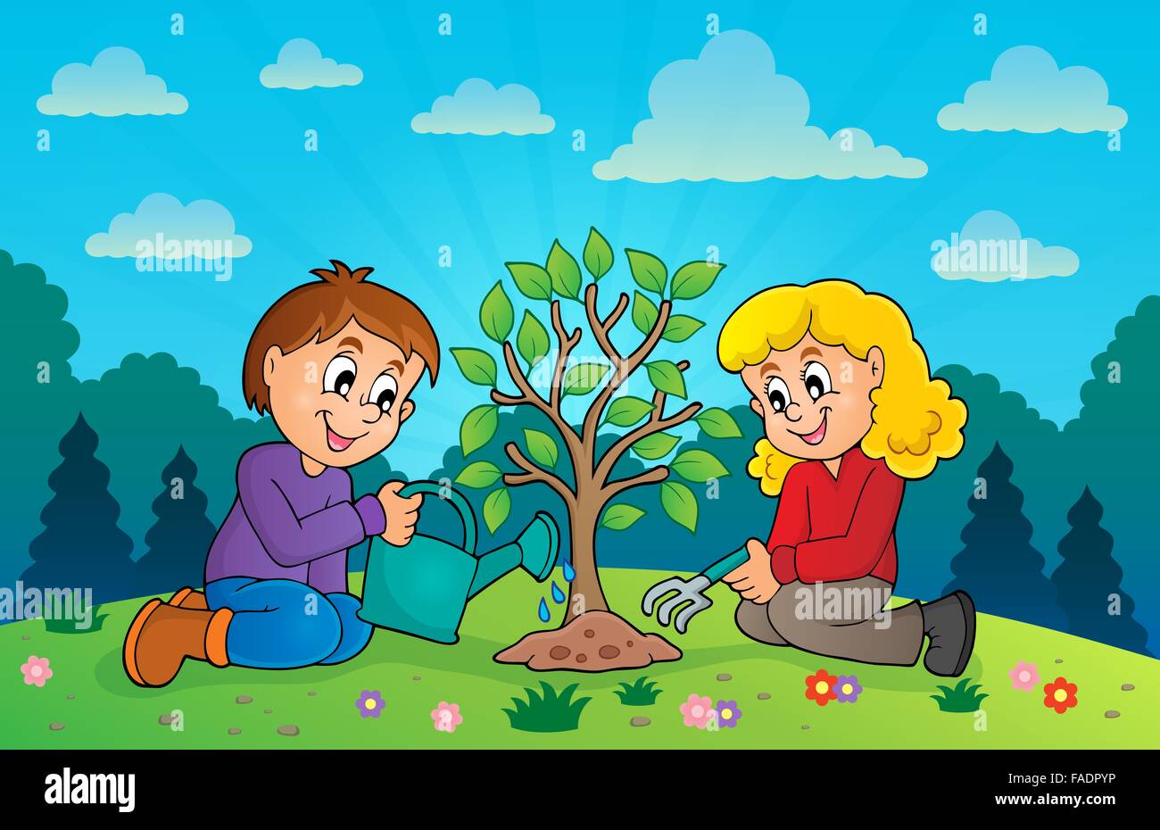 Children Planting Trees Drawing