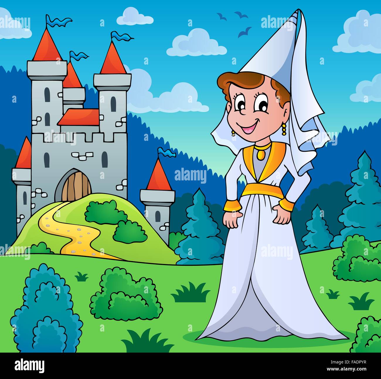 Medieval lady on meadow near castle - picture illustration Stock Photo ...