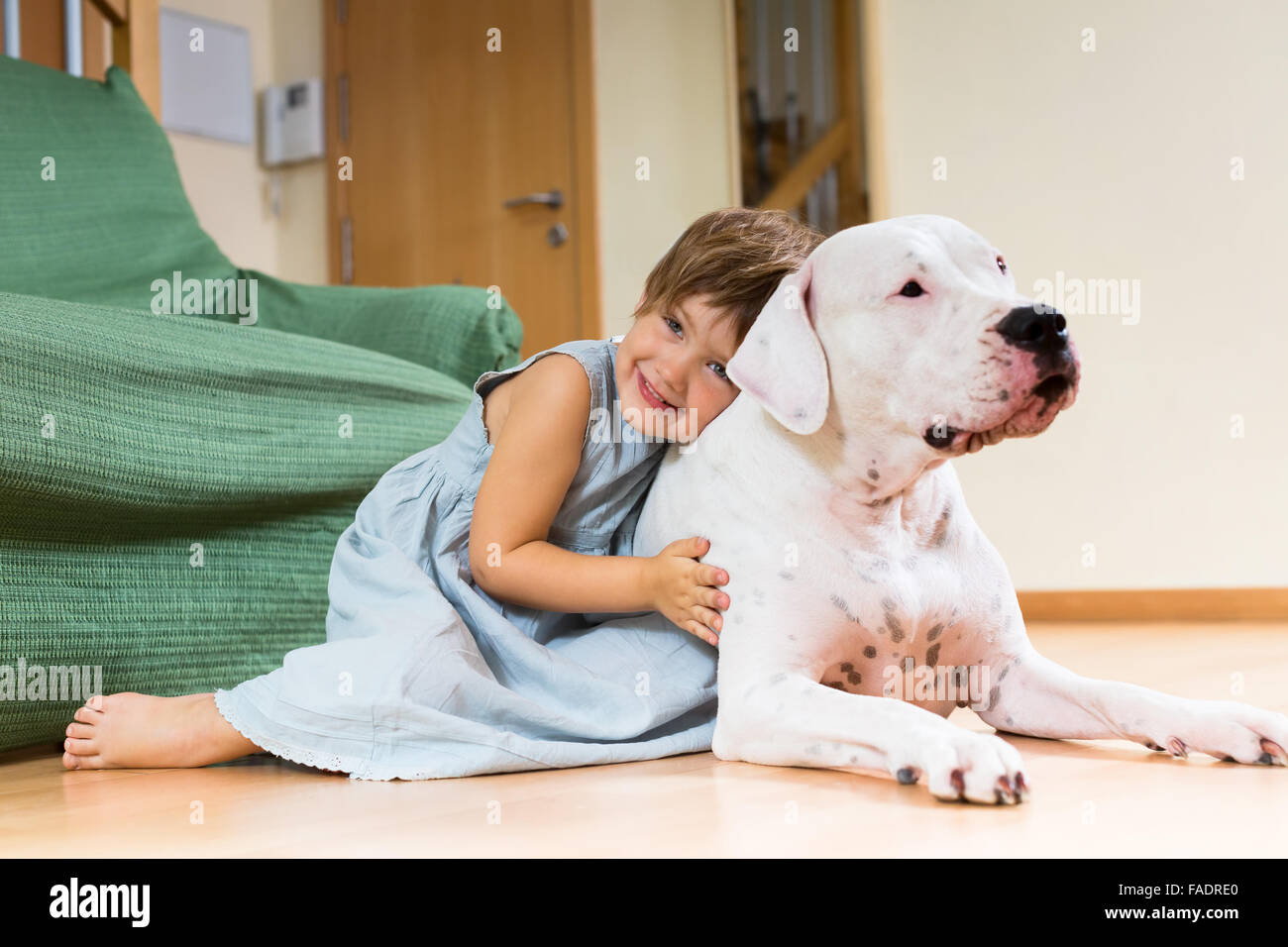 Happy girl toddler on the floor with dogo Argentino Stock Photo - Alamy