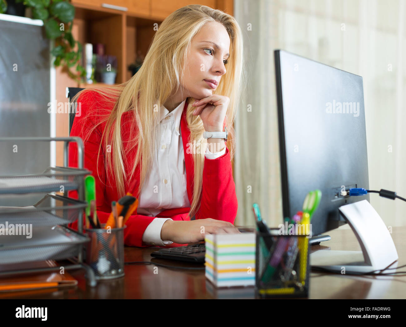 tired blonde woman with smoke office work Stock Photo - Alamy