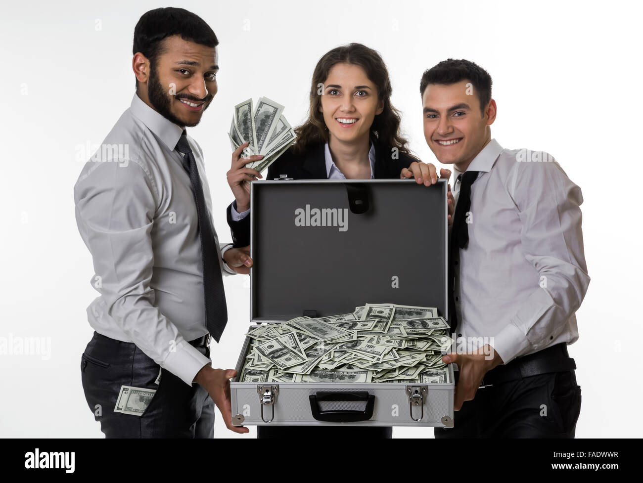 Successful guys share the profits. Partners rejoice money. Happy ...