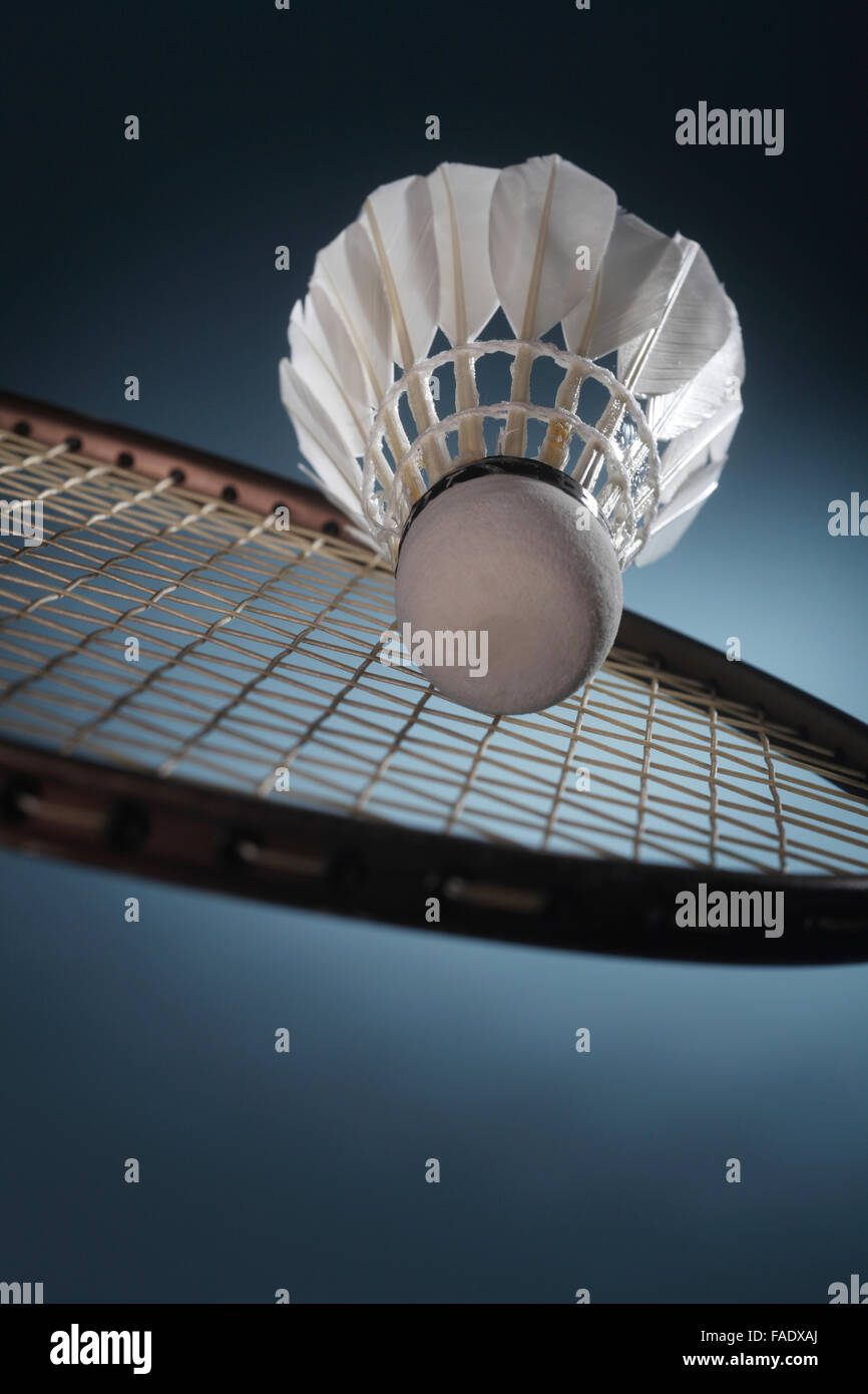 Shuttlecock on badminton racket Stock Photo - Alamy