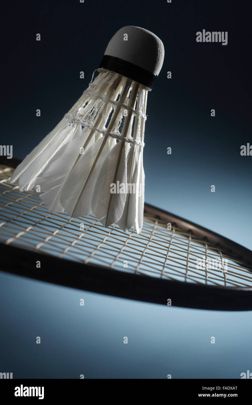 Shuttlecock on badminton racket Stock Photo - Alamy