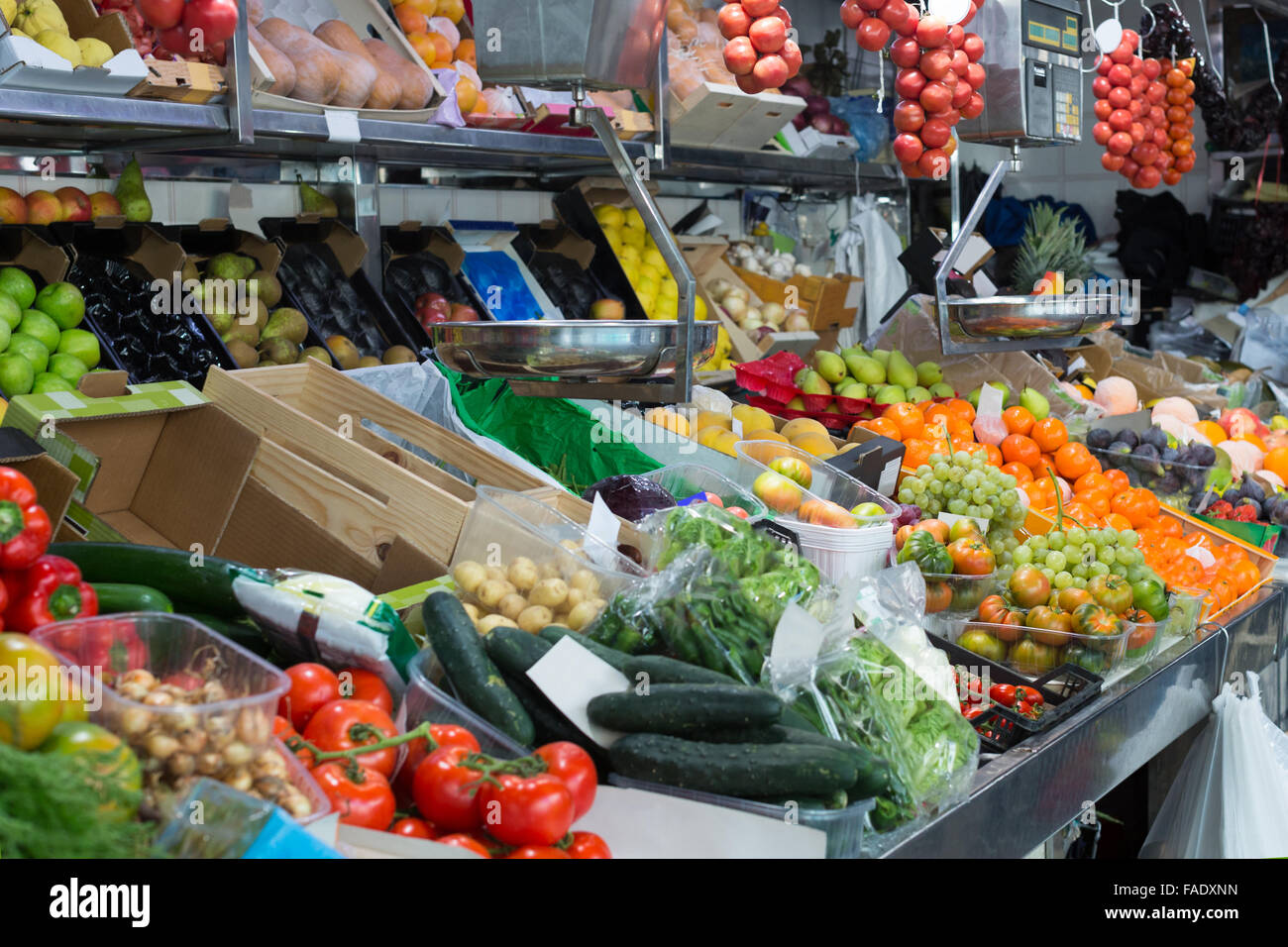 Many organic produce at market counter Stock Photo - Alamy