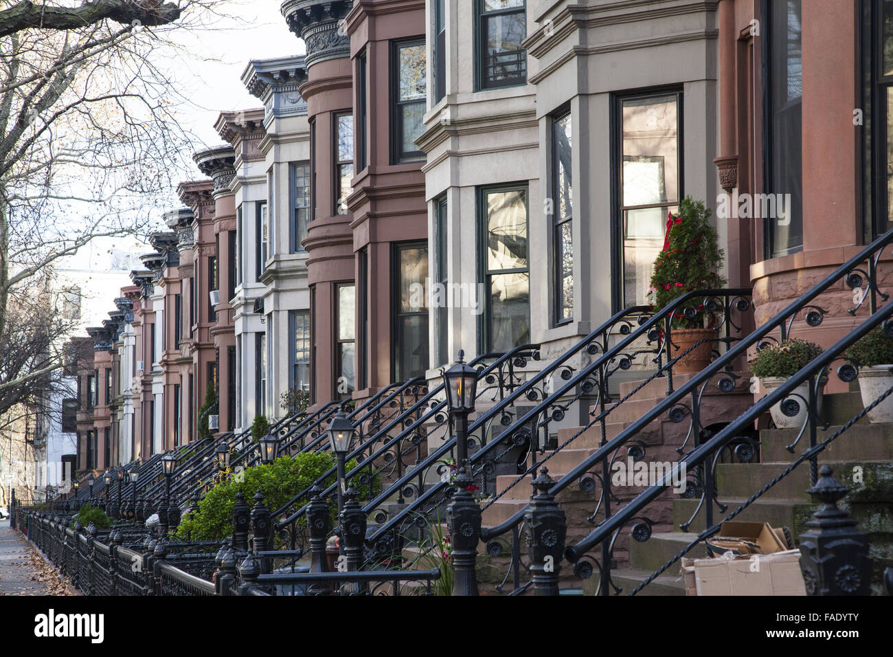 Typical residential street lined with brownstone type buildings in Park ...