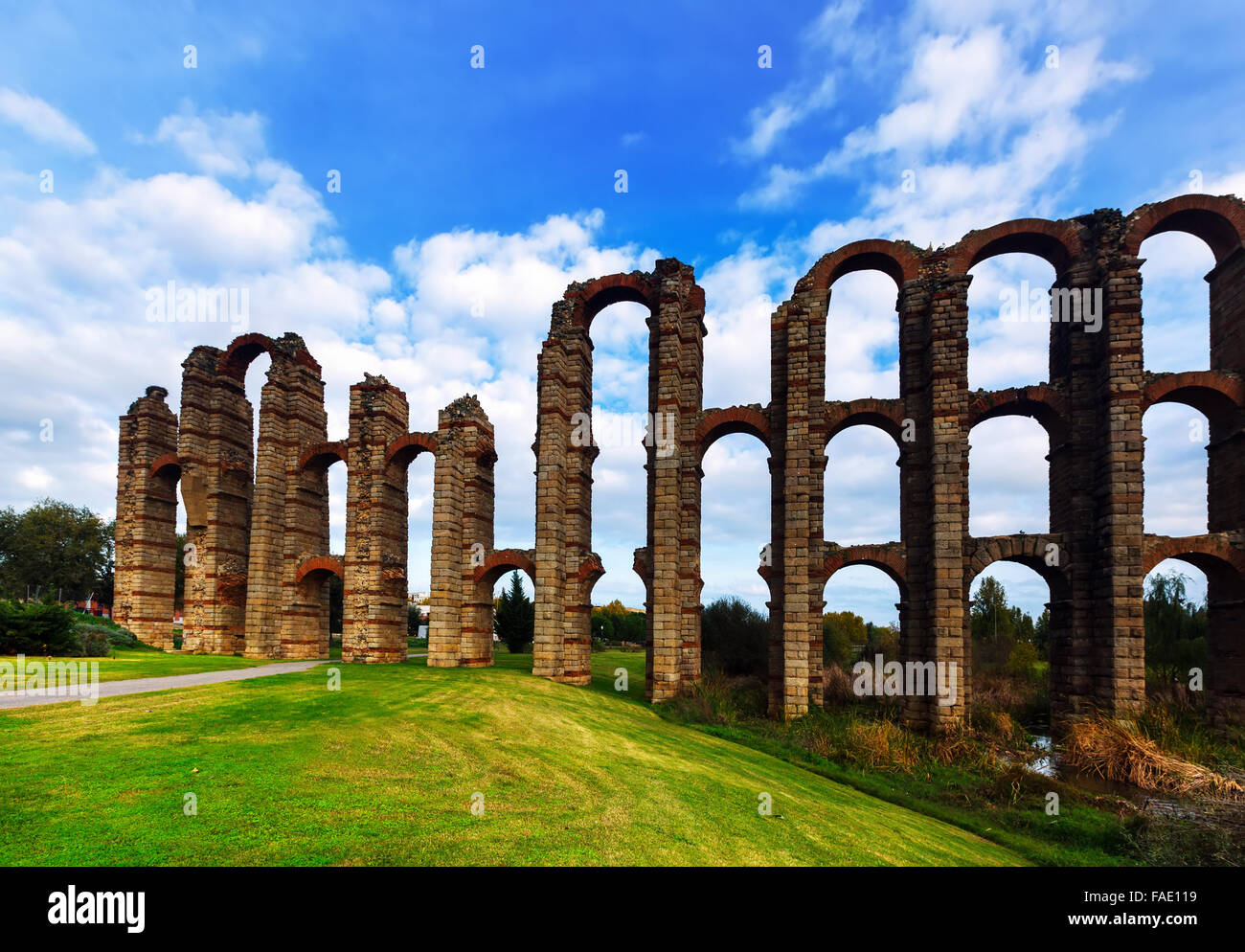 View of roman aqueduct los milagros hi-res stock photography and images ...