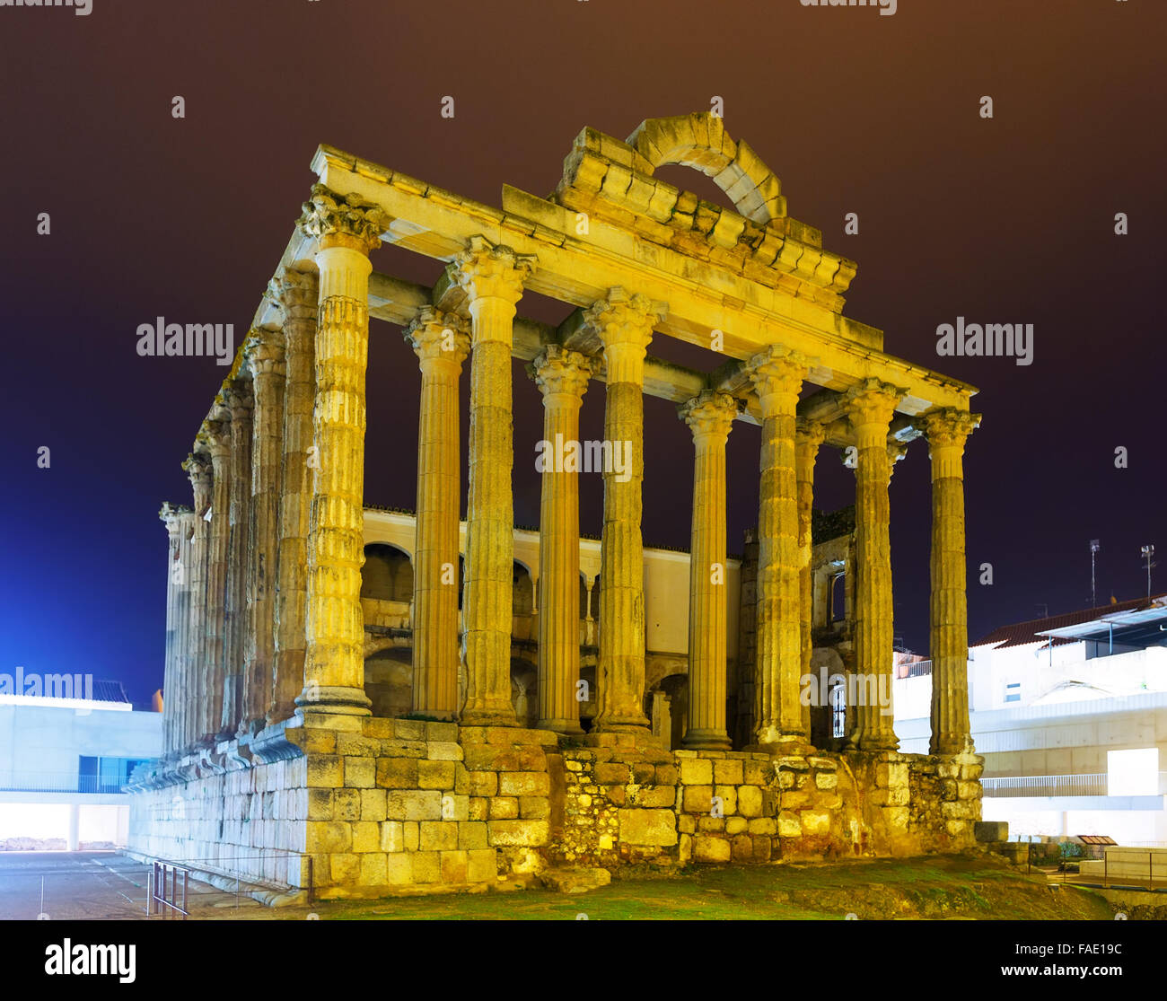 Ancient roman temple in night. Merida Stock Photo - Alamy