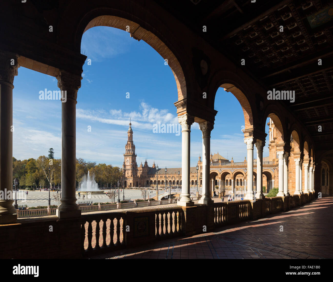 colonnade of central building Plaza de Espana in sunny day. Sevilla ...