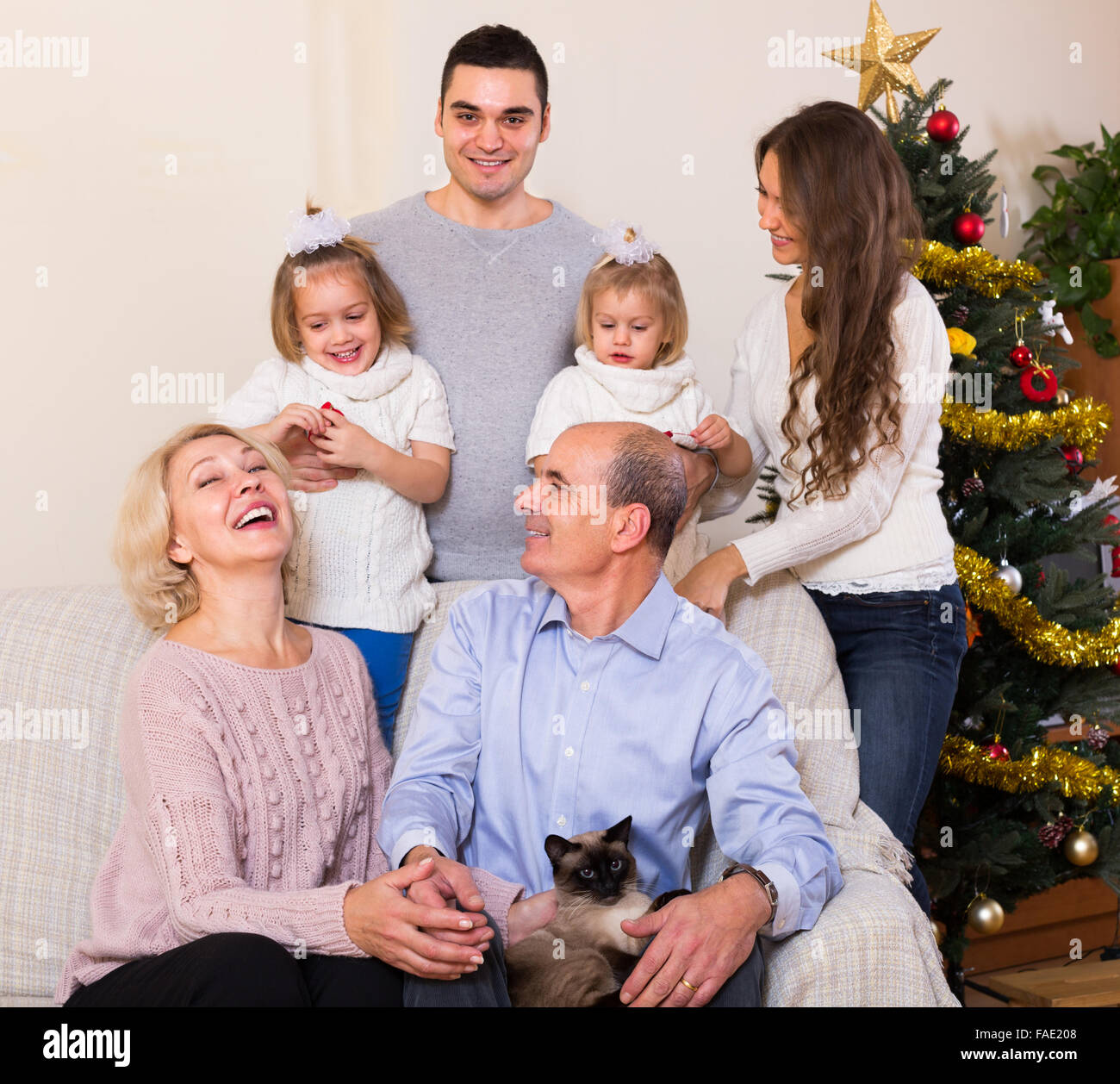 Long european family with grand children decorating New Year tree Stock ...