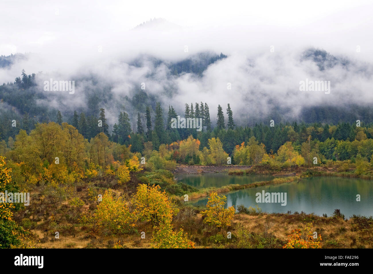 Mist and fog hang over the Cascade Mountains of central Oregon near the ...