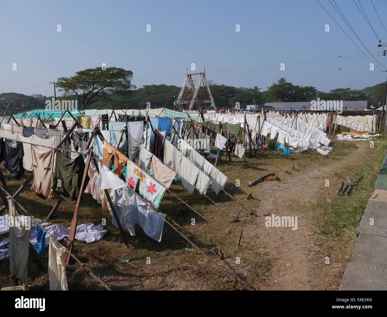 Rows of washing lines with laundry drying . Community laundry Stock ...