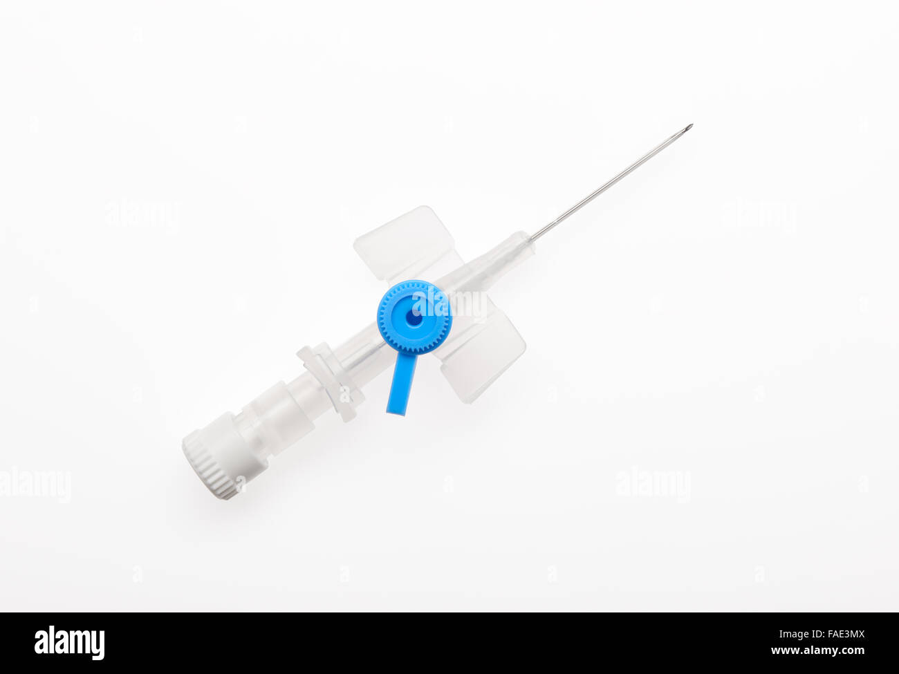 Blue plastic catheter with open needle isolated on white background ...