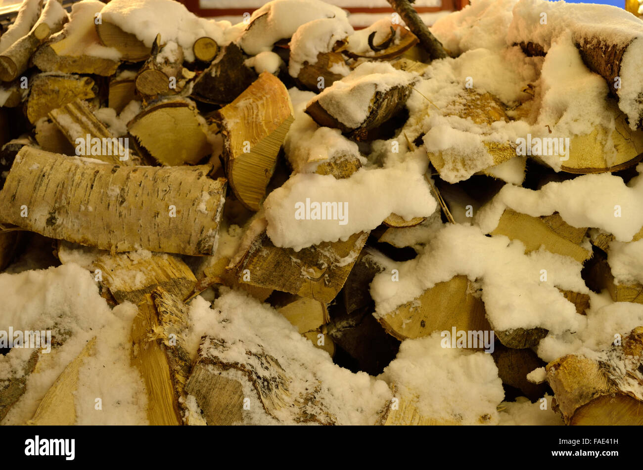 snow covered birch tree firewood logs Stock Photo - Alamy
