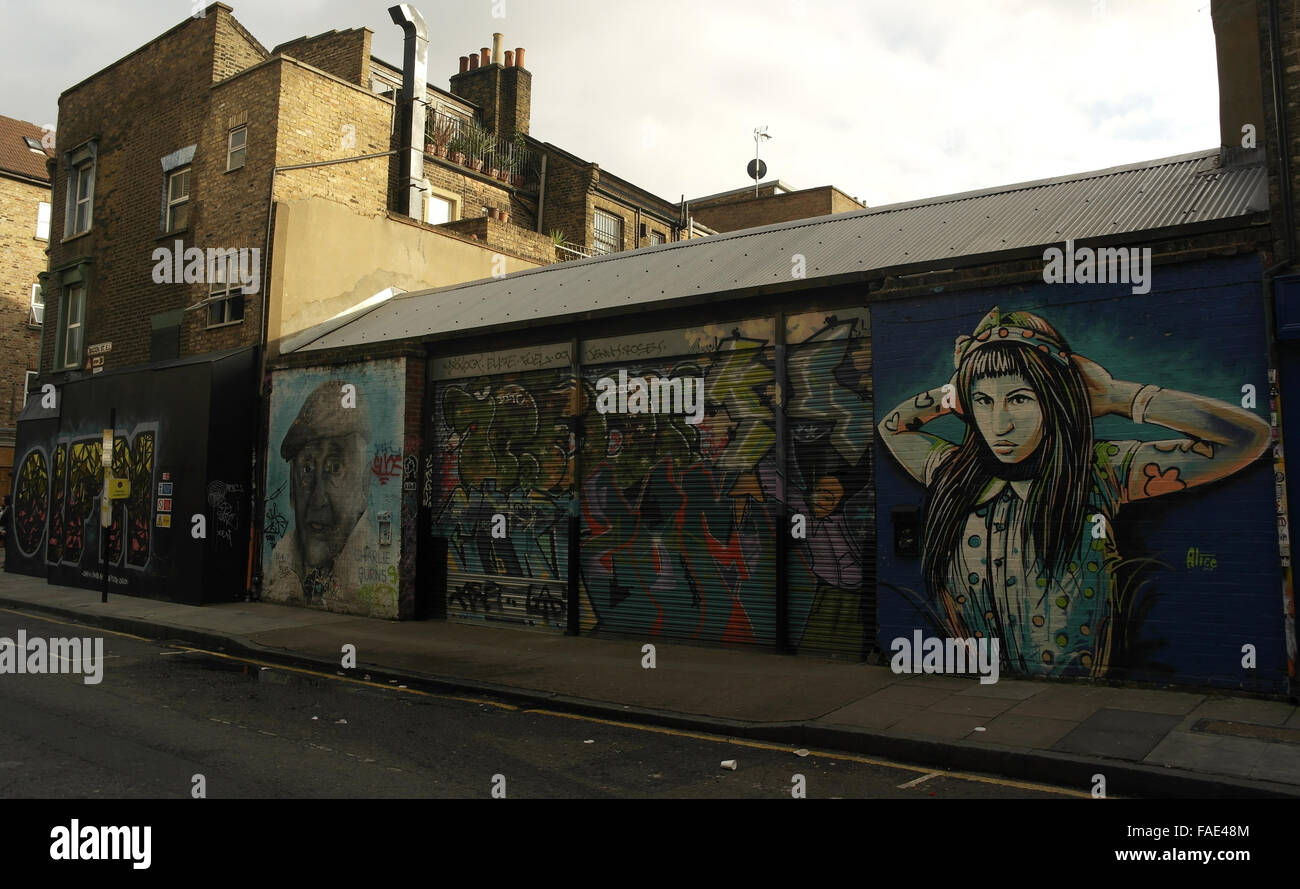 White sky, sun shade oblique view Alice Pasquini girl, Ben Slow Charlie ...