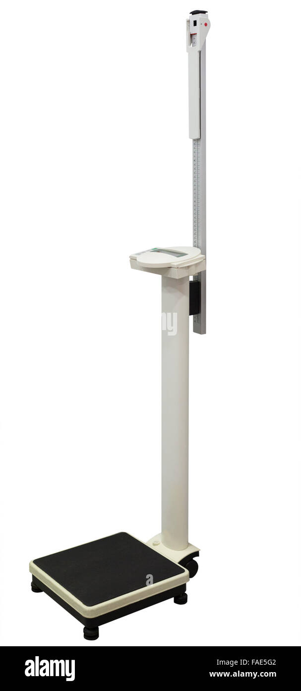 Medical electronic scale in clinic. Isolated over white background ...